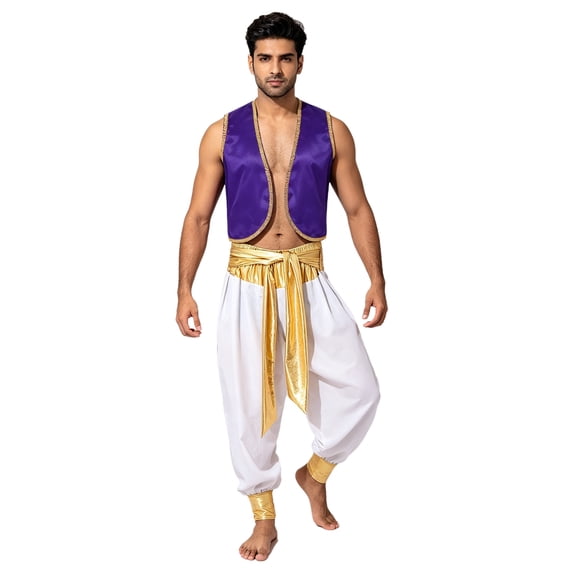 Aiihoo Mens Stain Gold Trim Open Front Vest Sleeveless Waistcoat+Harem ...