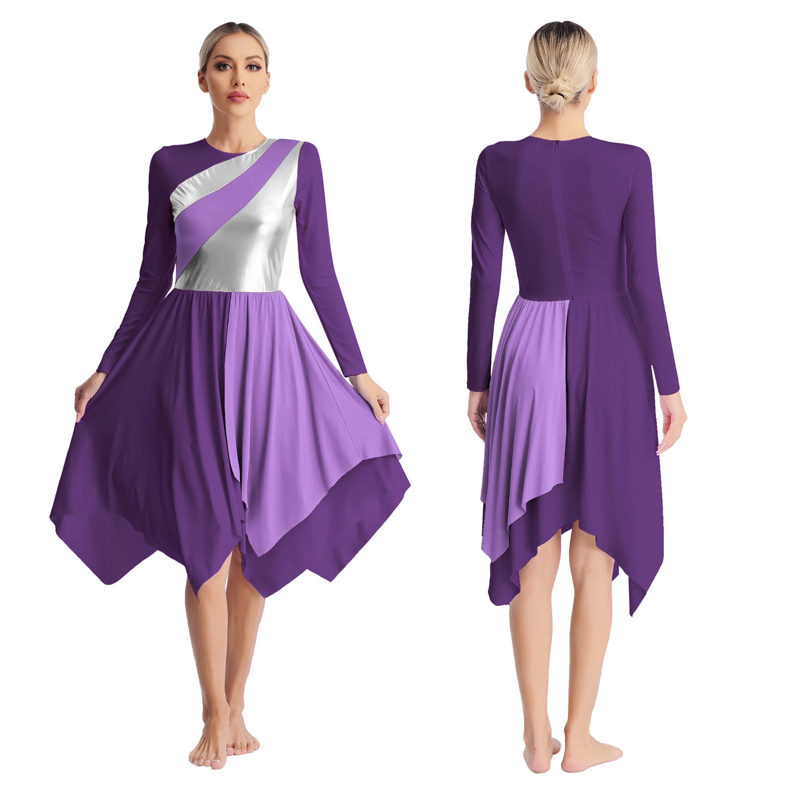Aiihoo Women Praise Tunic Overlay Long Sleeve Metallic Patchwork Lyrical Dance Dress Purple XL ...