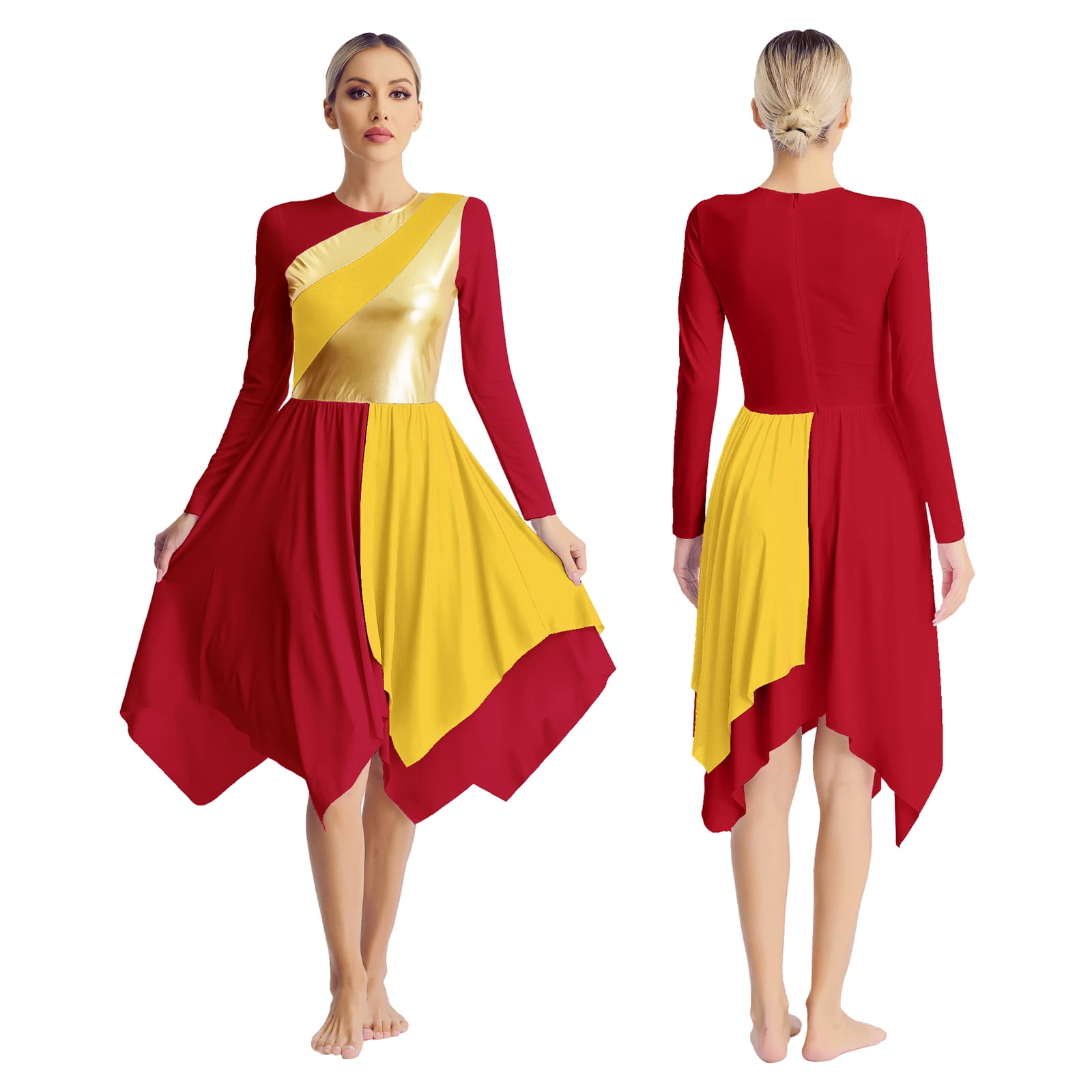 Aiihoo Women Praise Tunic Overlay Long Sleeve Metallic Patchwork Lyrical Dance Dress Yellow&Red ...