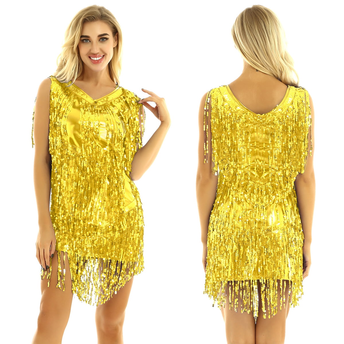 Aiihoo Women Shiny Metallic Tassel Latin Samba Tango Dress Sleeveless ...