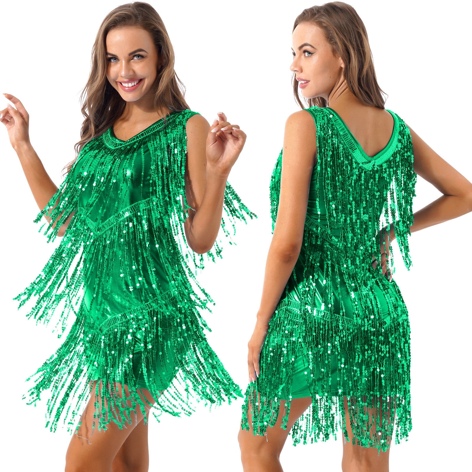 Aiihoo Women Shiny Metallic Tassel Latin Samba Tango Dress Sleeveless ...