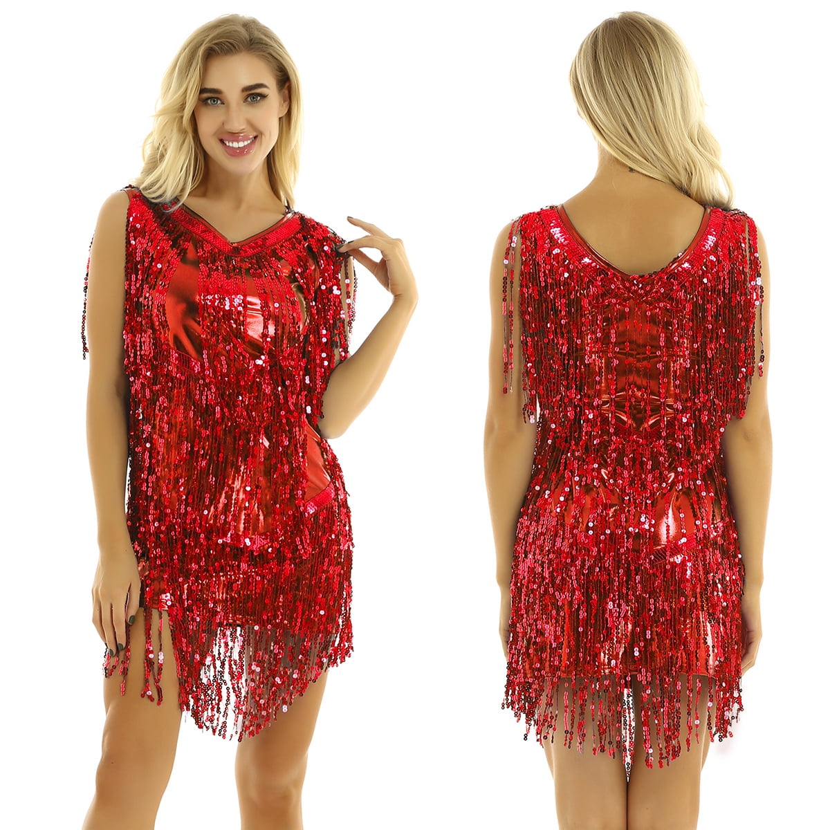 Aiihoo Women Shiny Metallic Tassel Latin Samba Tango Dress Sleeveless ...