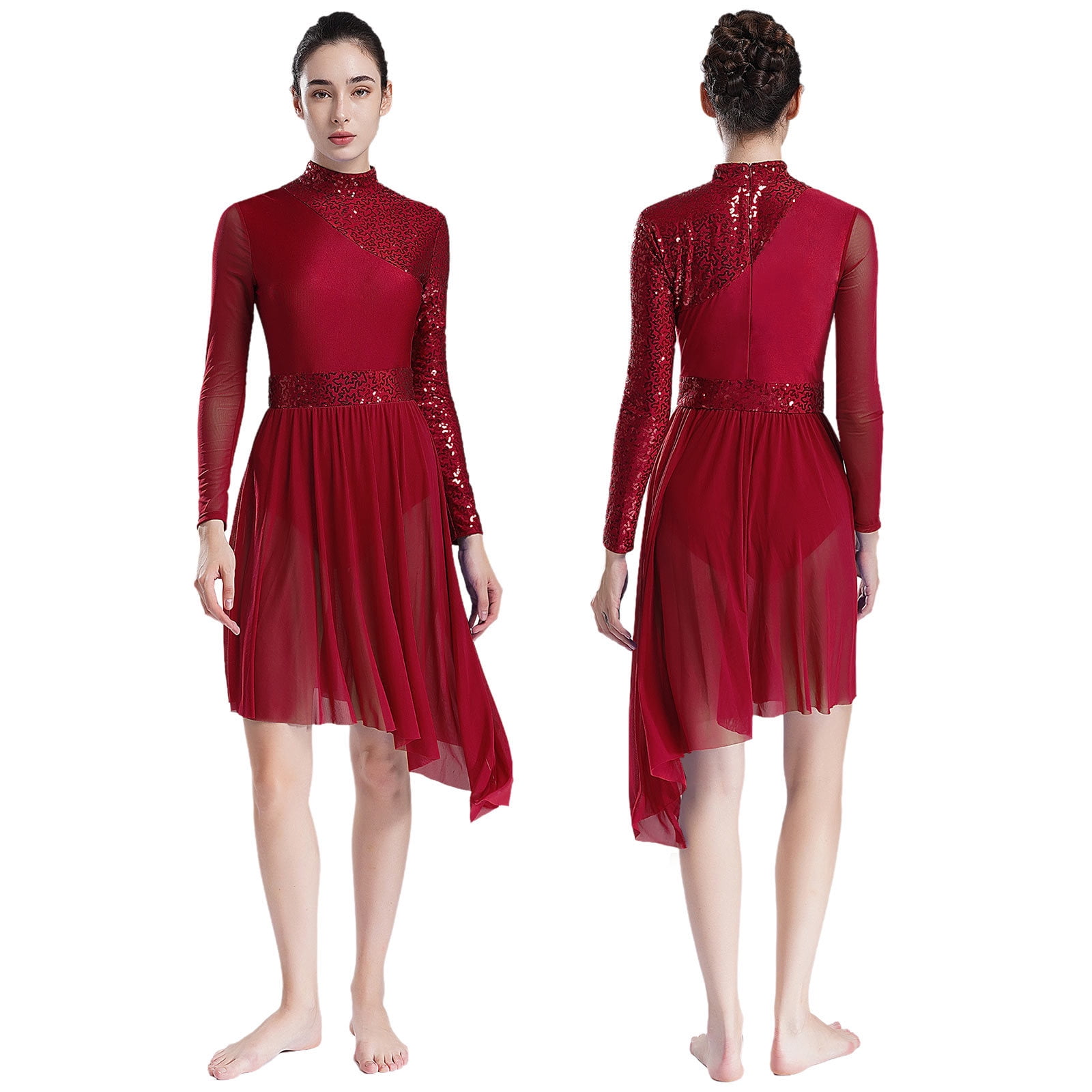 Aiihoo Women's Sparkly Lyrical Dance Dress Long Sleeve Mesh Tulle Dance ...