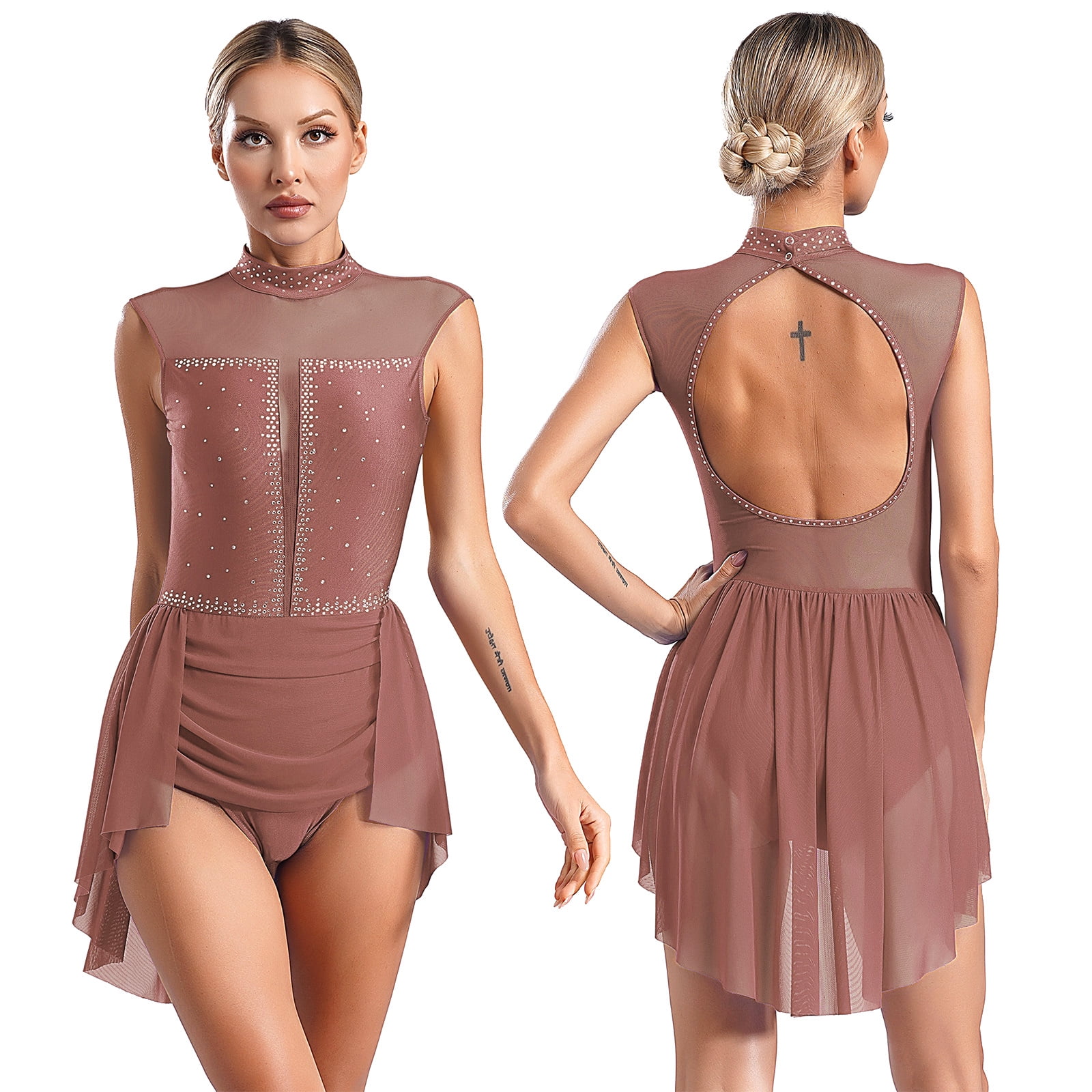 Aiihoo Womens Glitter Lyrical Dance Dress Sleeveless Sheer Mesh Patchwork Leotard Dress ...