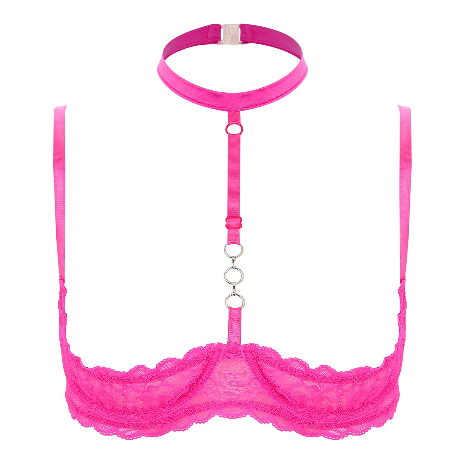Aiihoo Womens Sheer Lace Underwire Bra Halter Neck O Ring 1/4 Cups Push ...