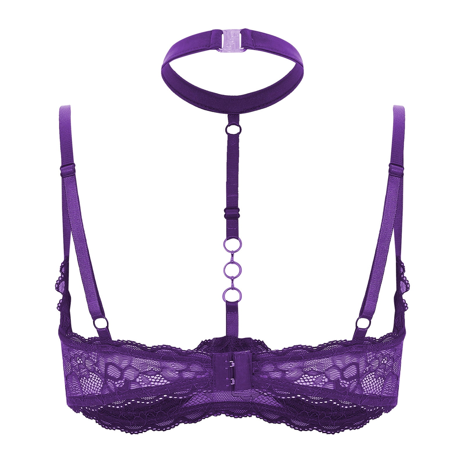 Aiihoo Womens Sheer Lace Underwire Bra Halter Neck O Ring 1/4 Cups Push ...