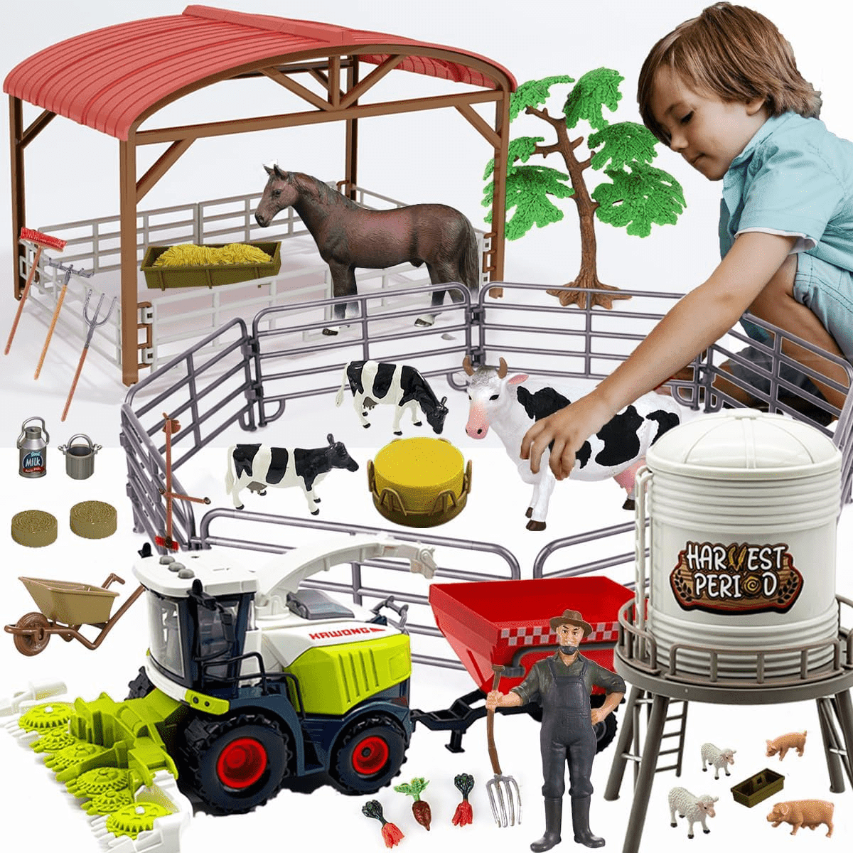 Aijohnny Farm Animal Playset Barn Toy, Farmer Figure, Tractor & Farm ...
