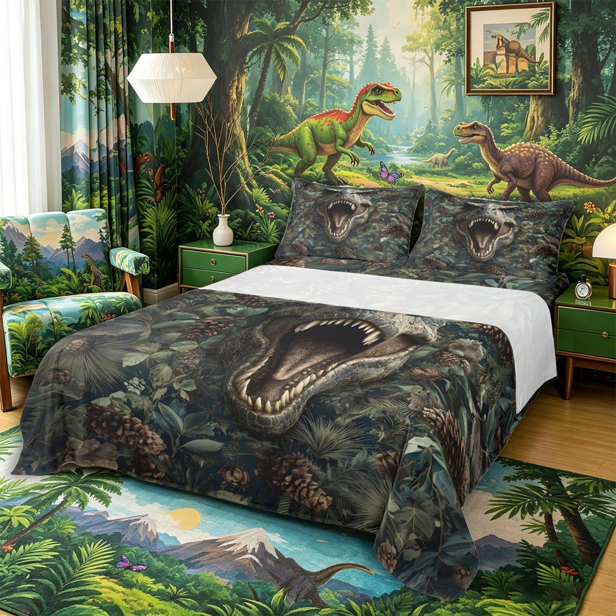 Aikeke Animal Dino T-Rex Queen Sheets 4 Pieces, Pine Cone Leaves Queen ...