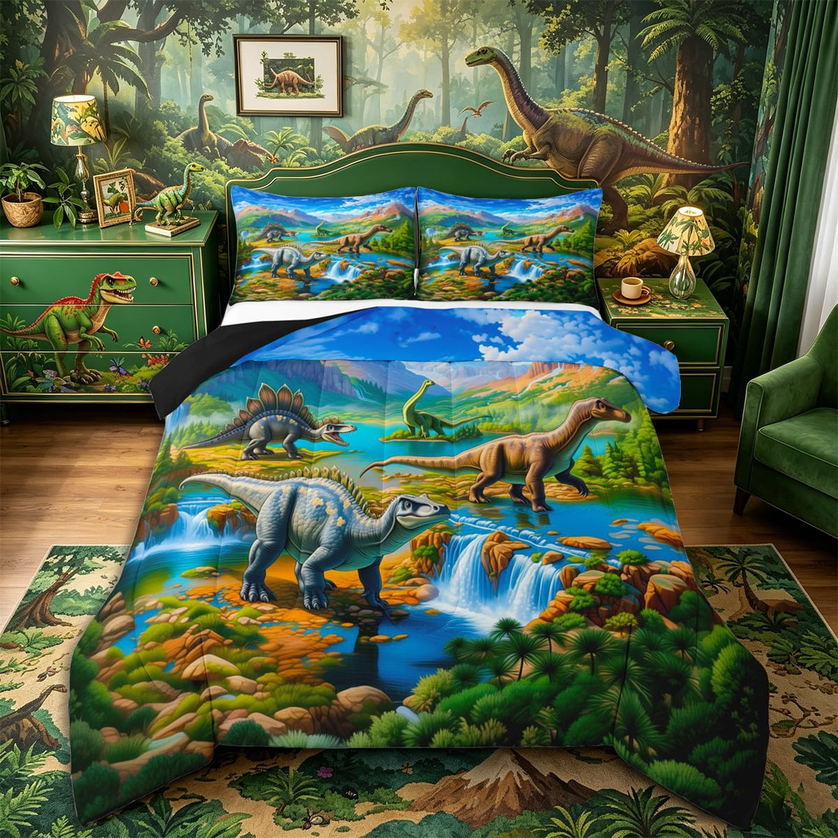 Aikeke Animal Dinosaur Queen Comforter Set 3 Pieces, Jungle Mountain ...