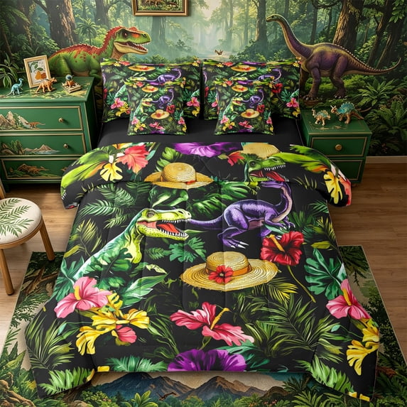 Aikeke Animal Dinosaur Twin Bedding 7-Piece, Tropical Flowers Leaves ...