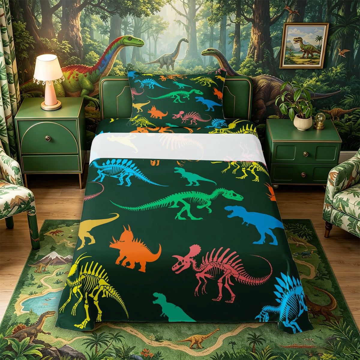 Aikeke Animal Dinosaur Twin Sheets 3pcs, Rustic Jungle Wildlife Bedding ...