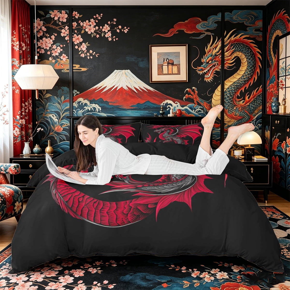 Aikeke Animal Dragon Bedding, Black Red Gray Wildlife Duvet Cover Full ...