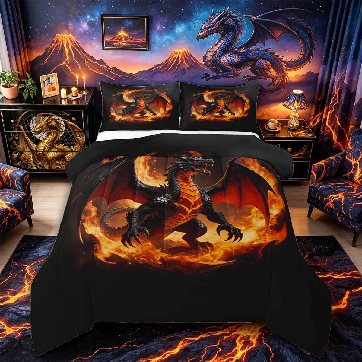 Aikeke Black Dragon King Size Comforter Sets 3pcs, Abstract Flame ...