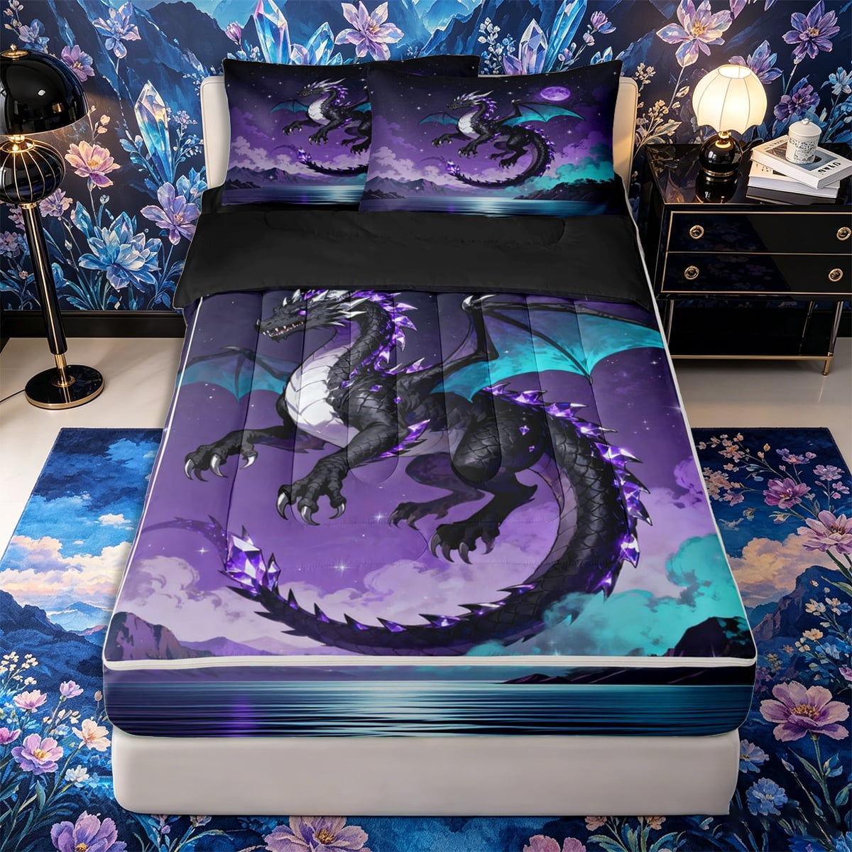Metsweet Black Purple Dragon Zipper Full Size Comforter Sets with ...