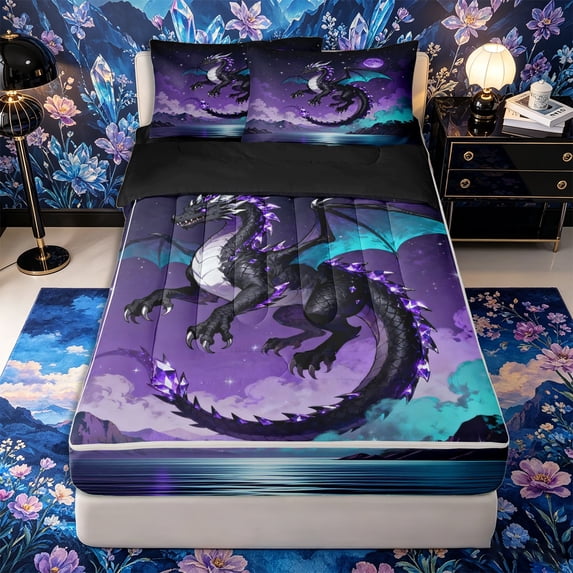 Metsweet Black Purple Dragon Zipper Full Size Comforter Sets with ...