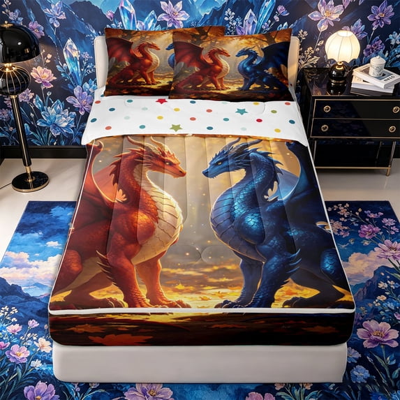 Metsweet Blue Orange Dragon Zipper Full Size Comforter Sets with Fitted ...