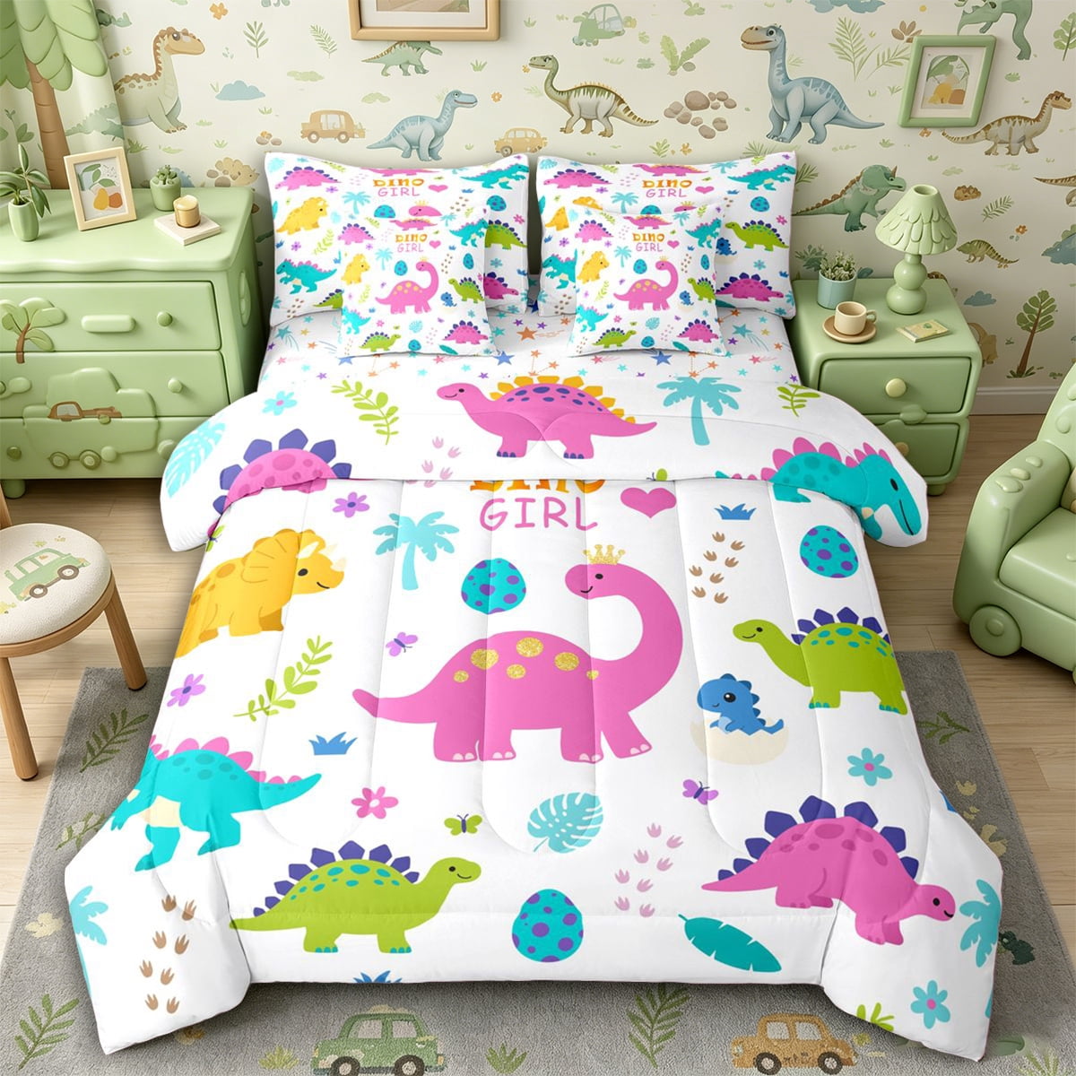 Aikeke Cartoon Animal Dinosaurs Twin Bedding 7-Piece, Floral ...