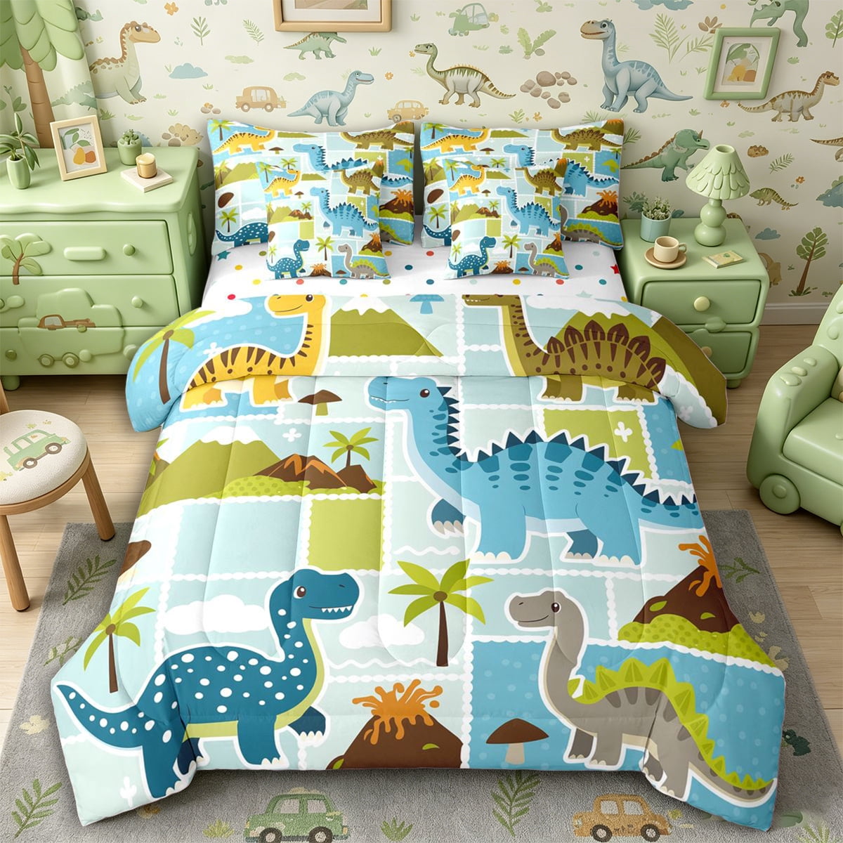 Aikeke Cartoon Animal Stegosaurus Twin Bedding 7-Piece, Kawaii Jungle ...
