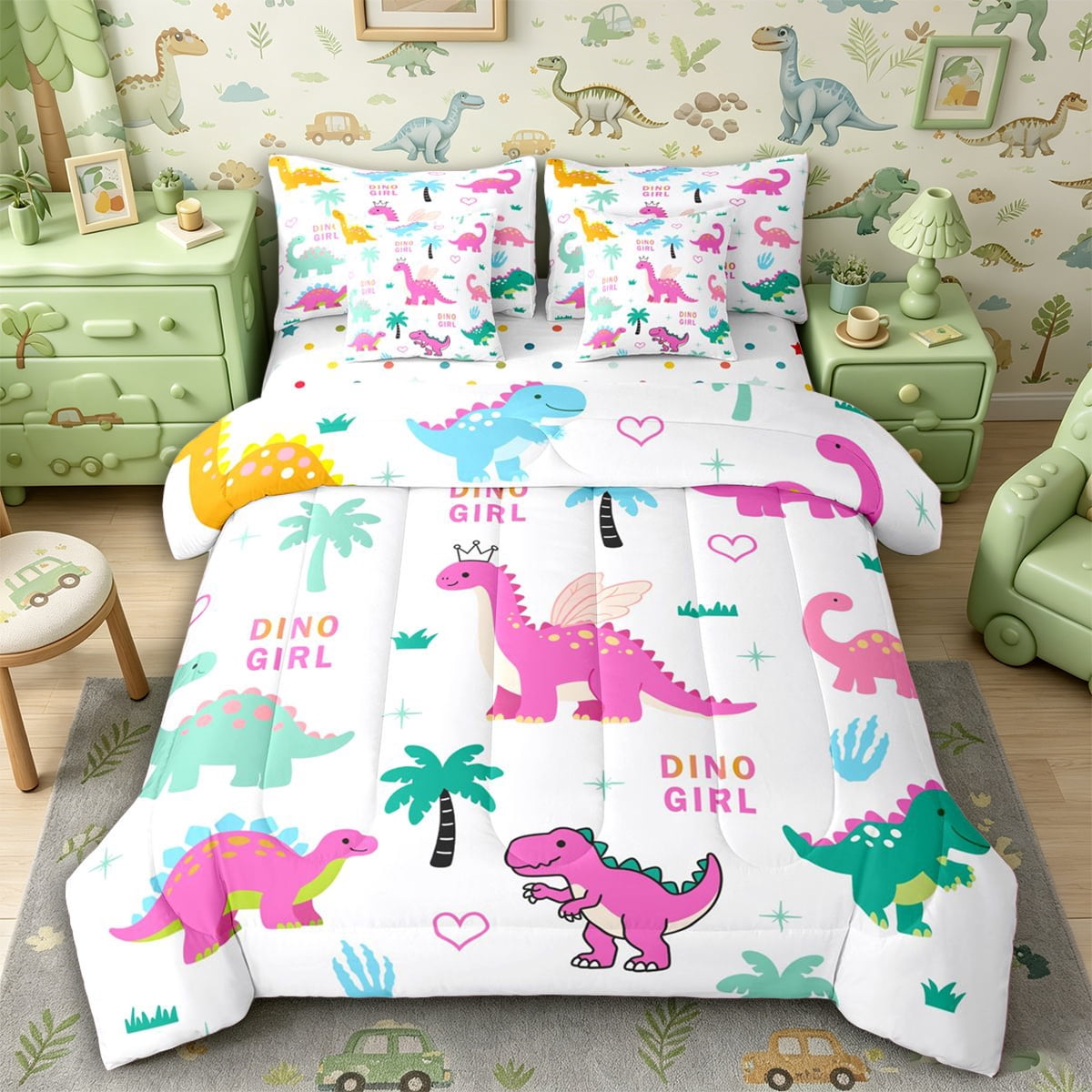 Aikeke Cartoon Dino King Bedding 7pcs, Kawaii Dinosaur Animal King Bed ...