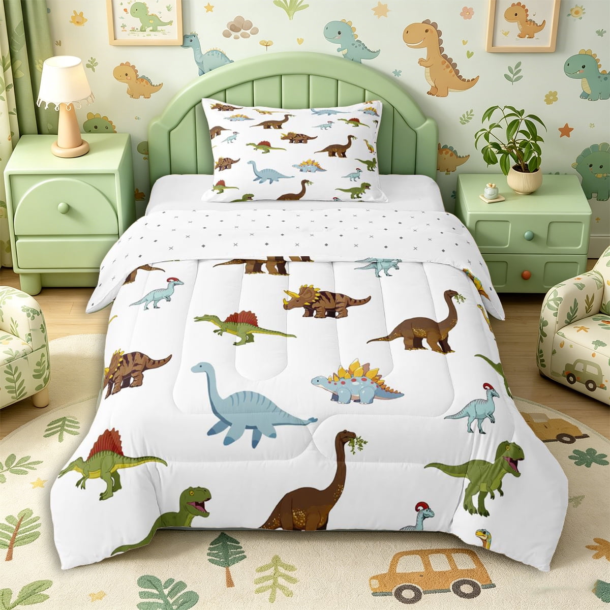 Aikeke Cartoon Dino Twin Comforter Sets 2pcs, Jungle Wildlife Bedding ...