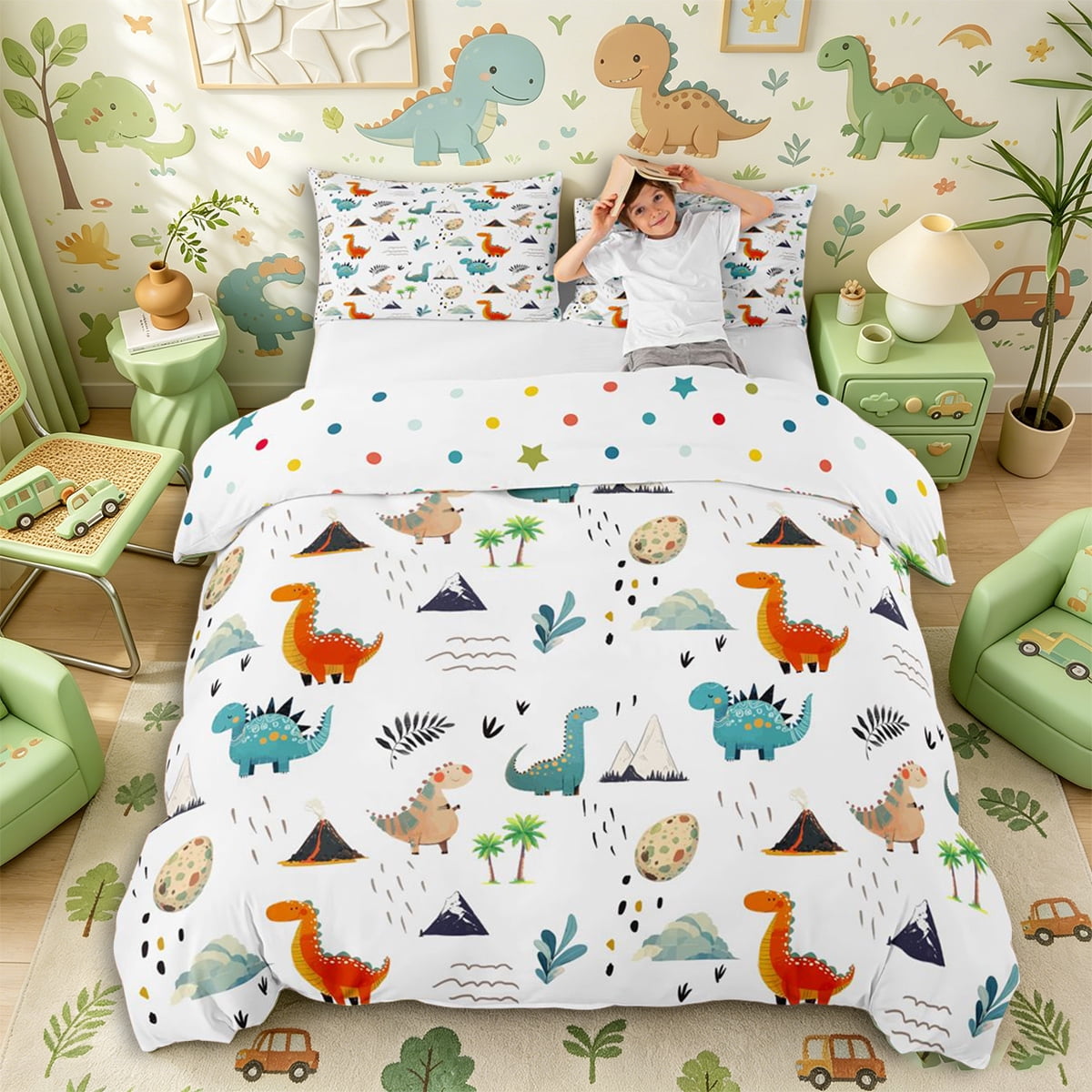 Aikeke Cartoon Dinosaur Bedding, Watercolor Jungle Animal Duvet Cover ...
