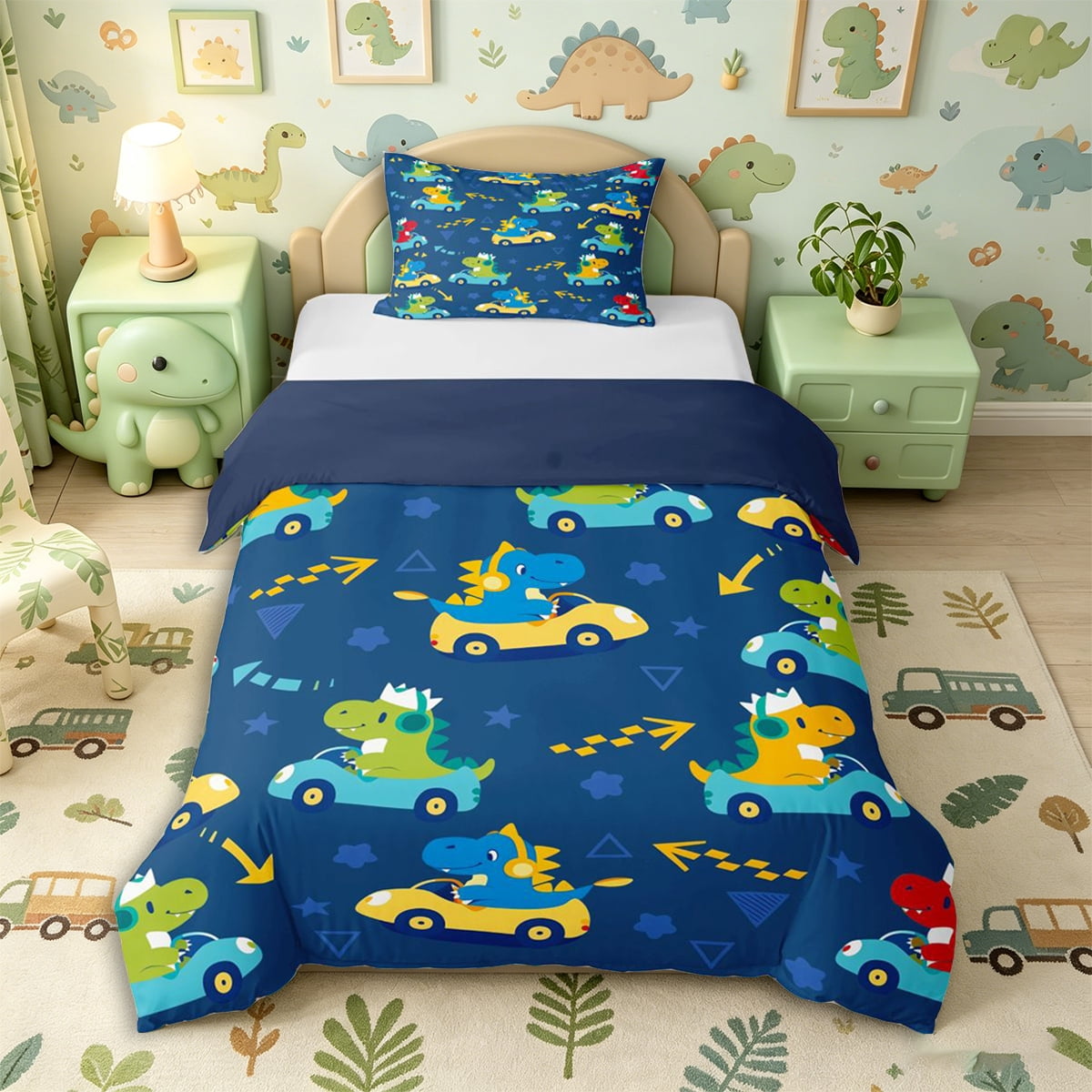 Aikeke Cartoon Dinosaur Twin Duvet Cover, Car Theme Twin Bedding, Blue ...