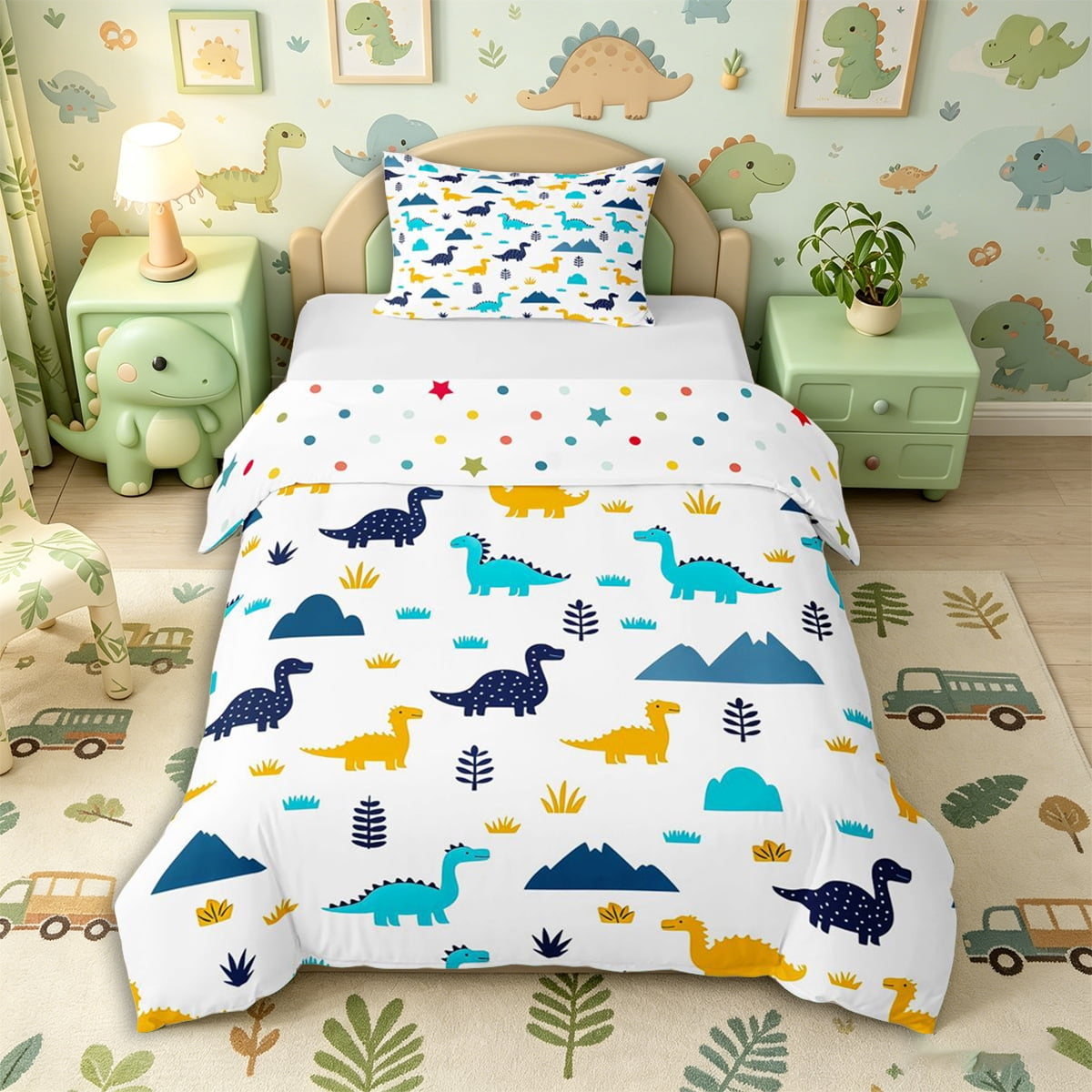 Aikeke Cartoon Dinosaur Twin Duvet Cover, Jungle Animal Twin Bedding ...