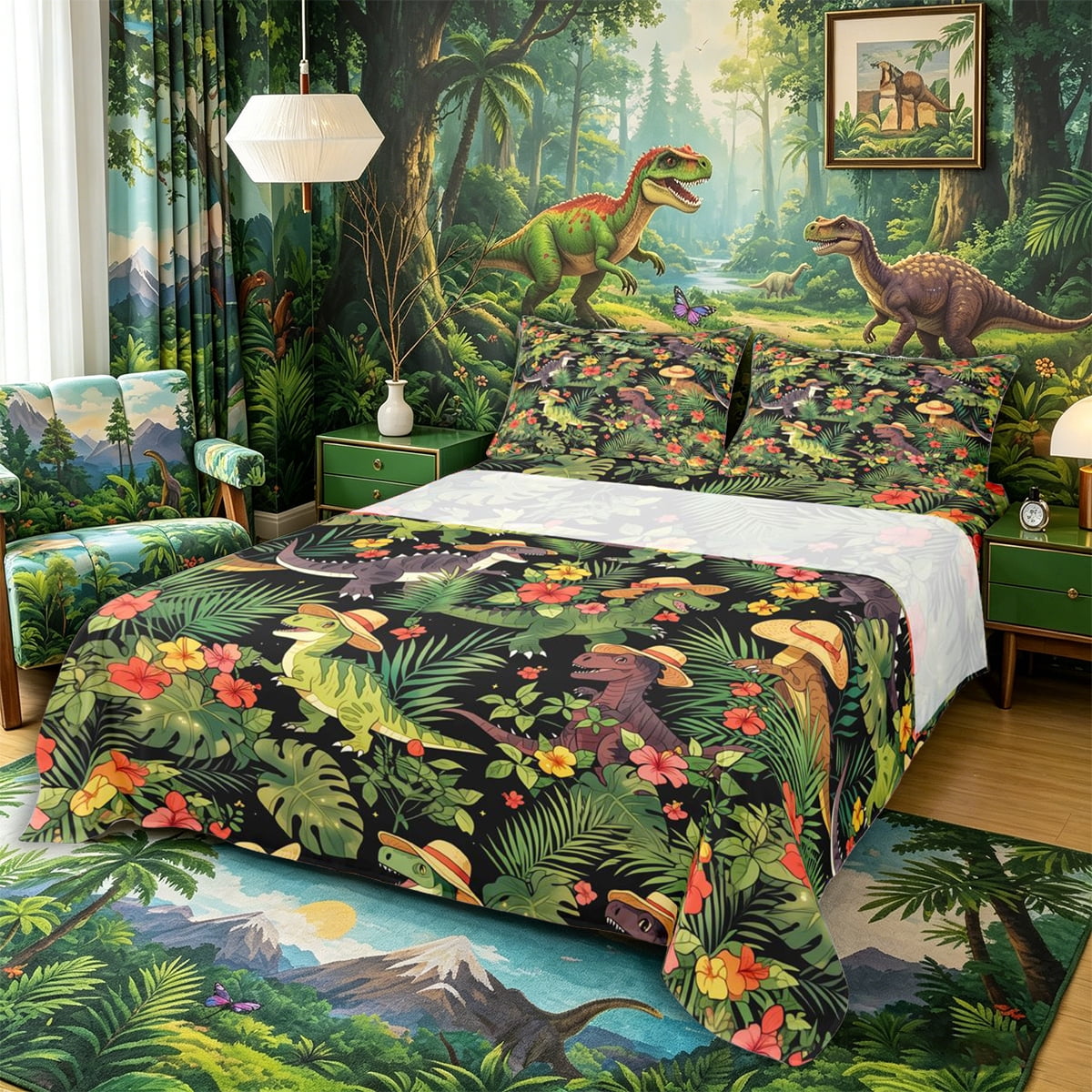 Aikeke Cartoon Dinosaurs Bed Sheets 4-Piece, Tropical Leaves Full Size ...