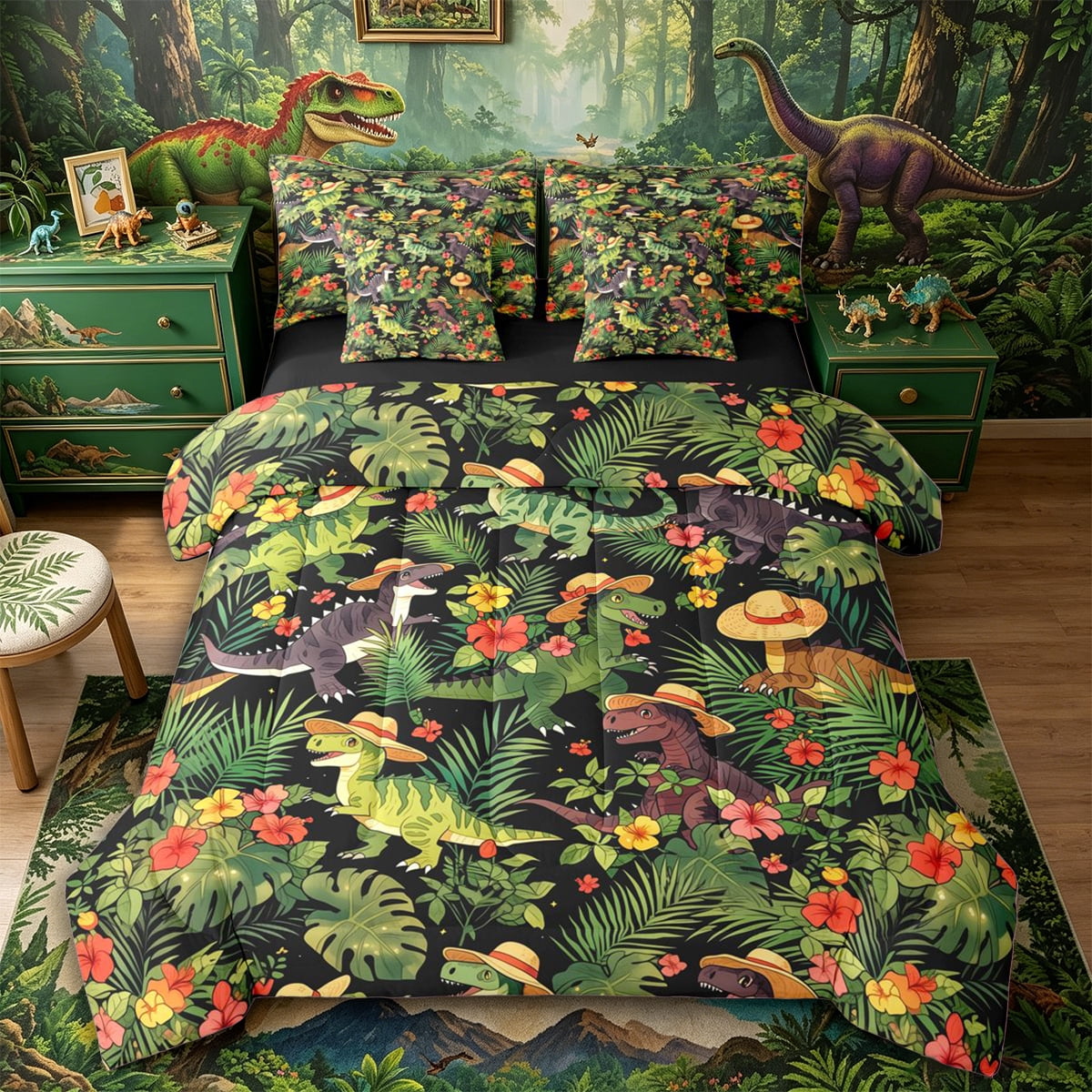 Aikeke Cartoon Dinosaurs Full Size Bedding Sets 7 Pieces, Tropical ...
