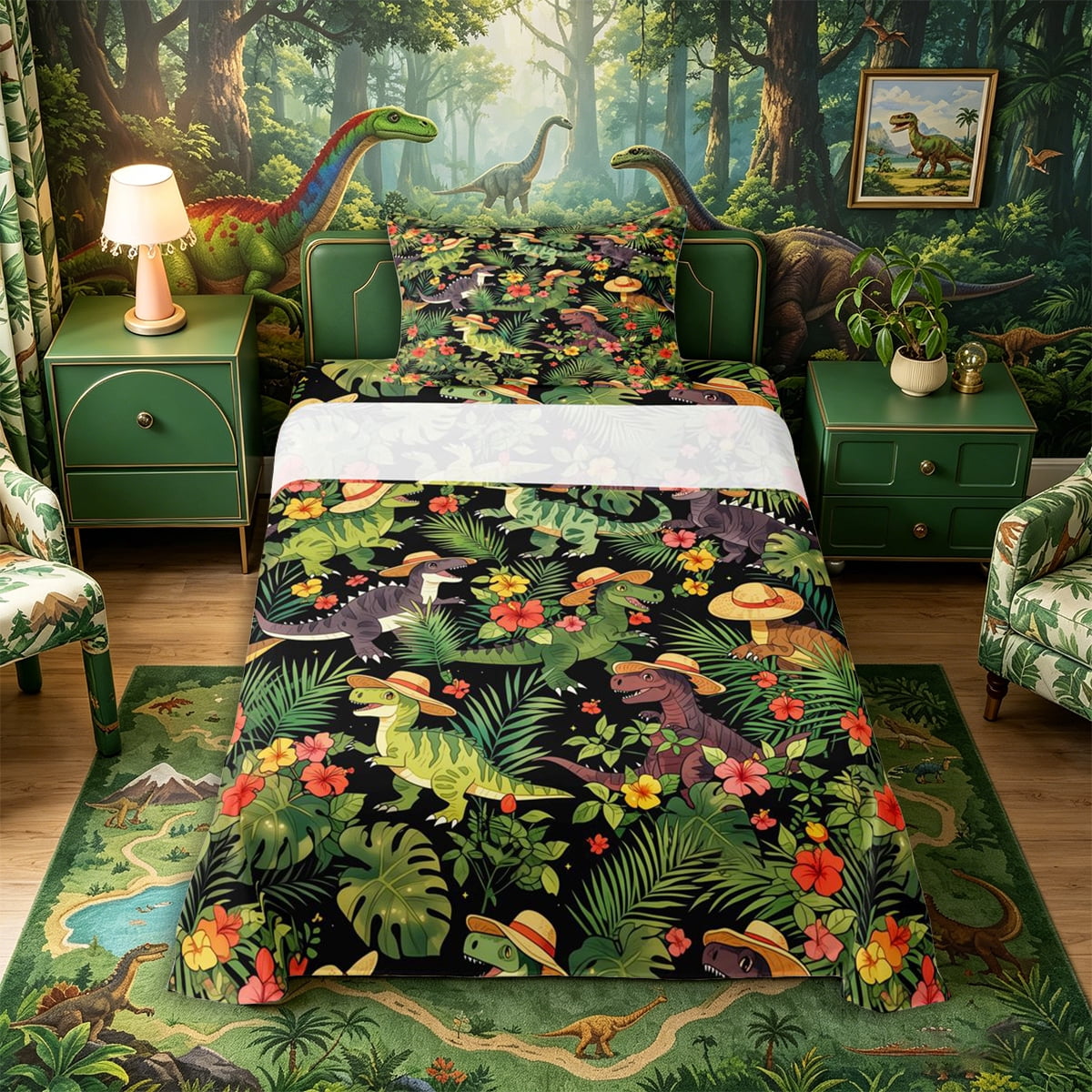 Aikeke Cartoon Dinosaurs Twin Sheets 3pcs, Tropical Leaves Bedding ...