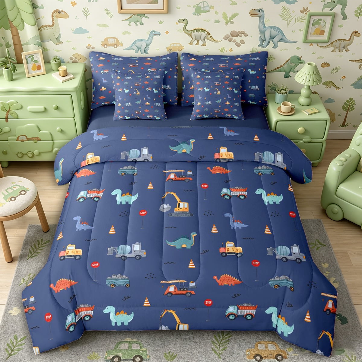 Aikeke Cartoon Truck Queen Bedding 7pcs for Boys, Kawaii Animal ...