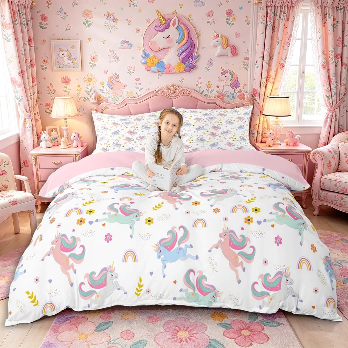 Aikeke Cartoon Unicorn Bedding, Flower Rainbow Animal Duvet Cover Full ...