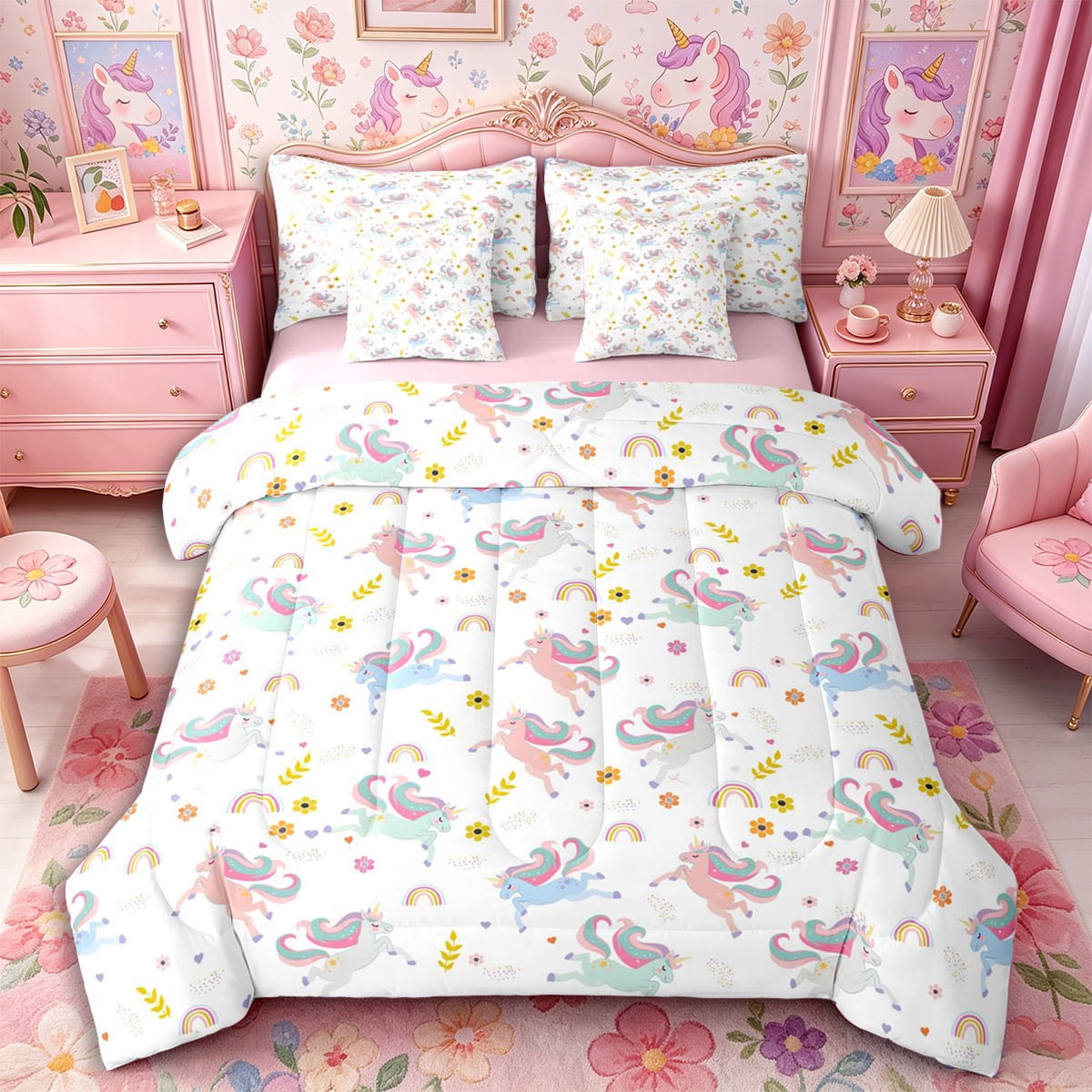 Aikeke Cartoon Unicorn Full Size Bedding Sets 7 Piece for Girls, Flower ...
