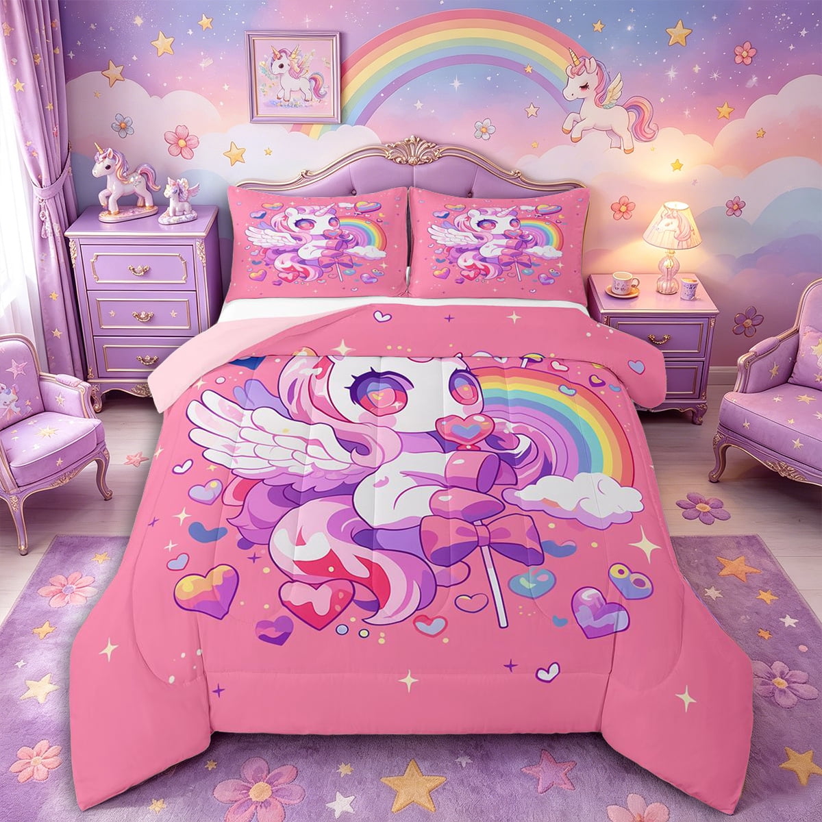Aikeke Cartoon Unicorn Full Size Comforter Sets 3-Piece, Cute Rainbow ...