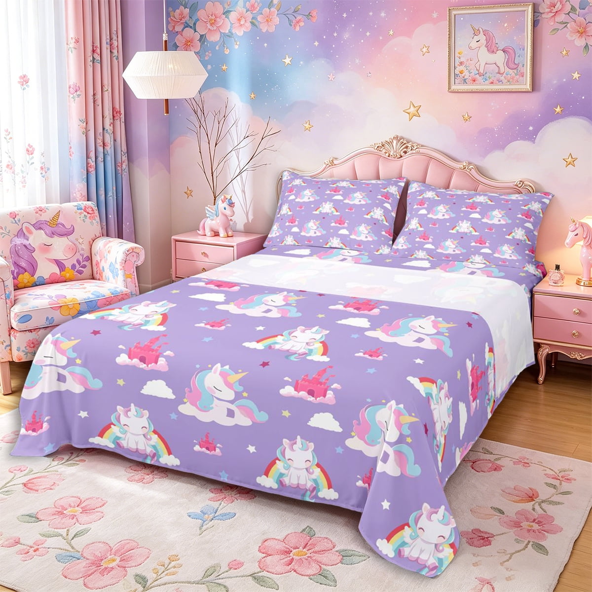Aikeke Cartoon Unicorn King Sheets 4pcs, Princess Castle Rainbow ...