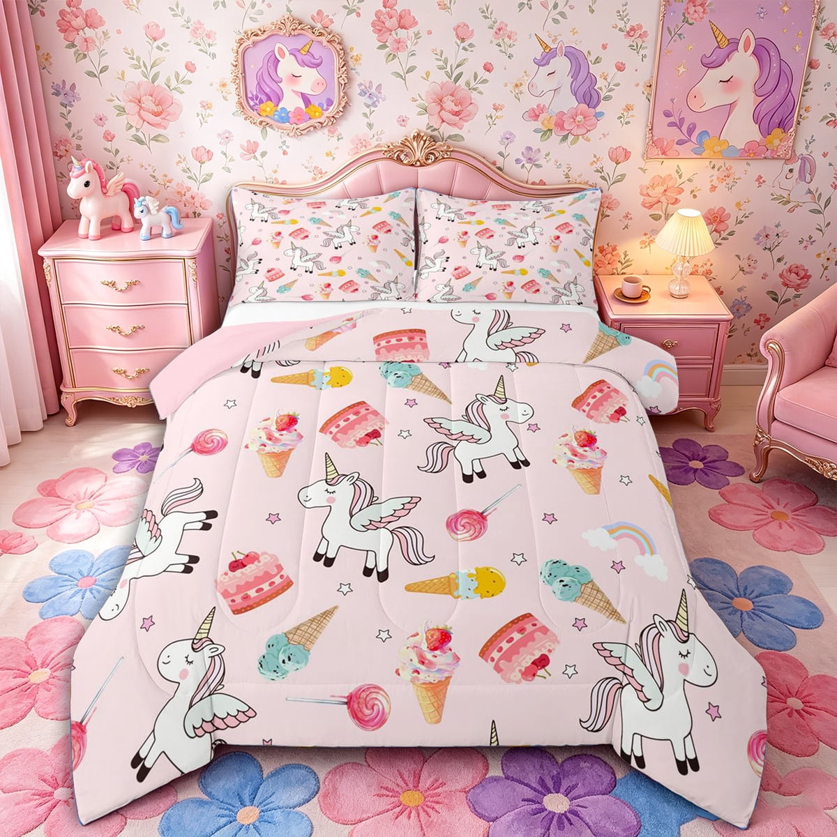 Aikeke Cartoon Unicorn King Size Comforter Sets 3pcs, Ice Cream Dessert ...