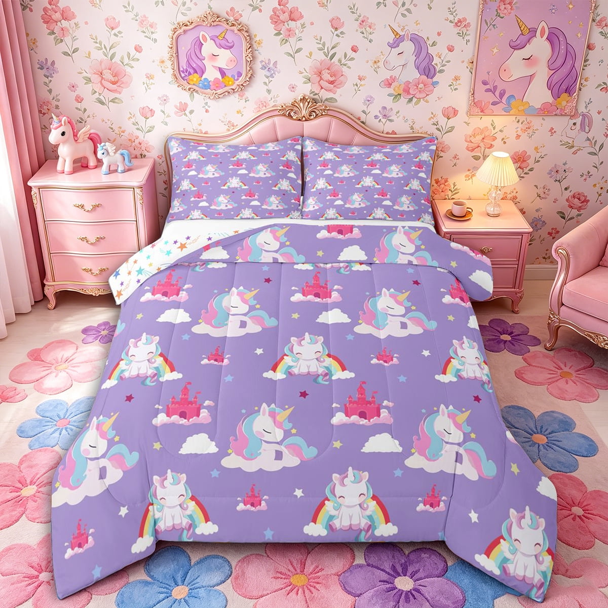 Aikeke Cartoon Unicorn King Size Comforter Sets 3pcs, Princess Castle ...
