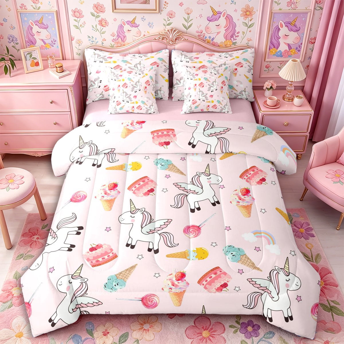 Aikeke Cartoon Unicorn Queen Bedding 7pcs, Ice Cream Dessert Bedding ...
