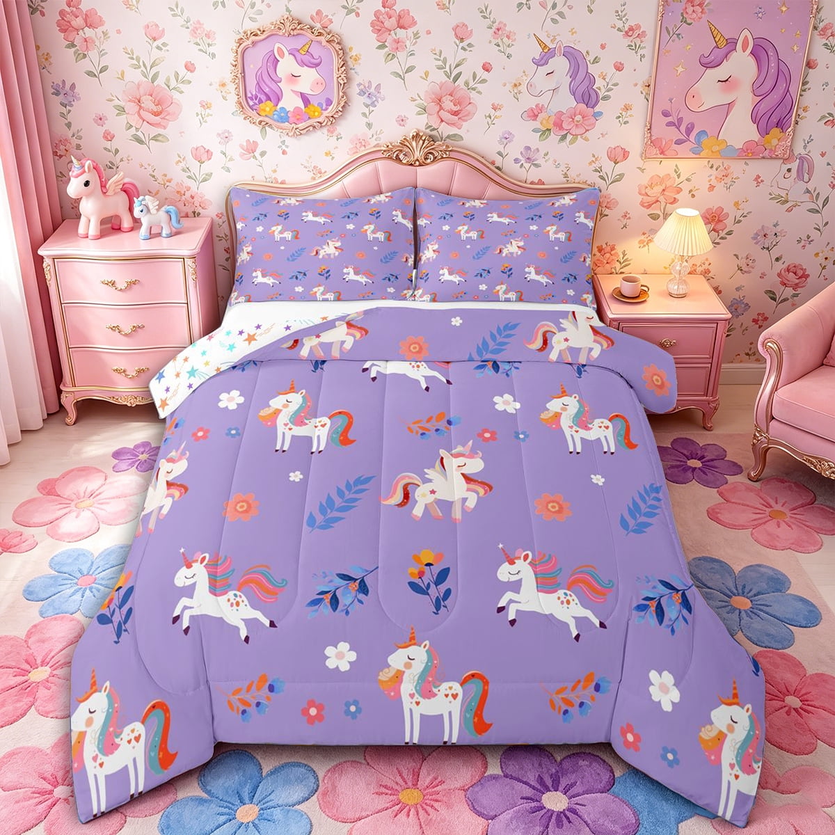 Aikeke Cartoon Unicorn Queen Comforter Set 3 Pieces, Chic Flowers ...