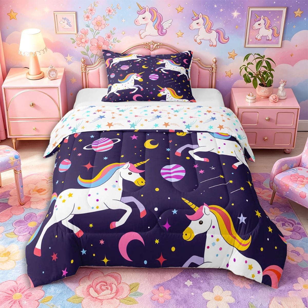 Aikeke Cartoon Unicorn Twin Comforter Sets 2pcs, Galaxy Planet Bedding ...