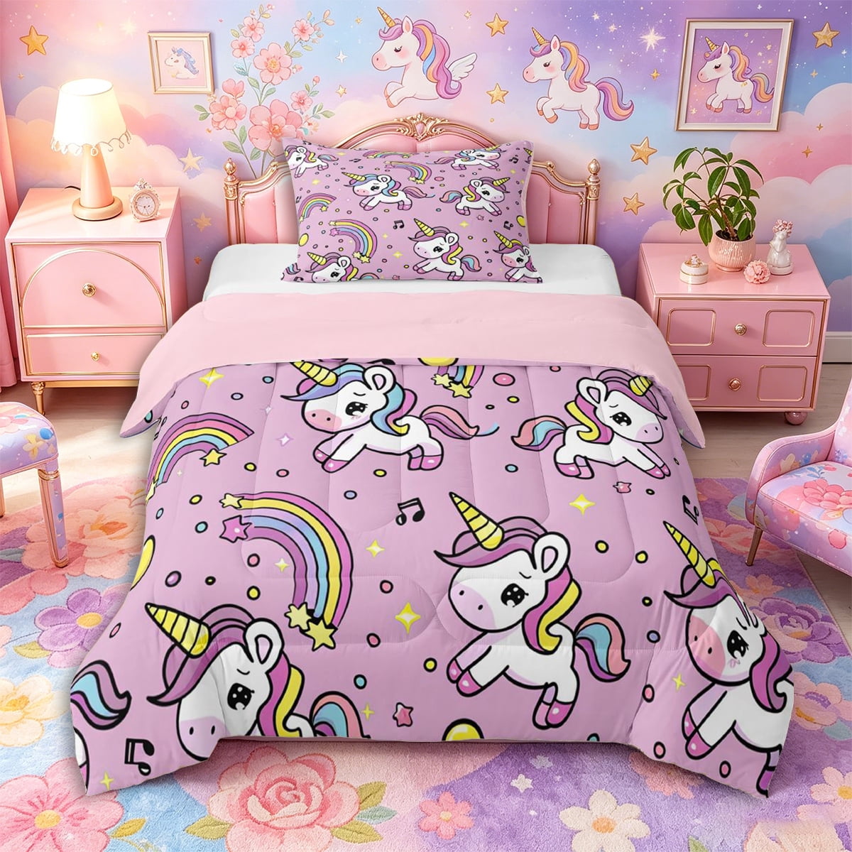 Aikeke Cartoon Unicorn Twin Comforter Sets 2pcs, Music Rainbow Polka ...