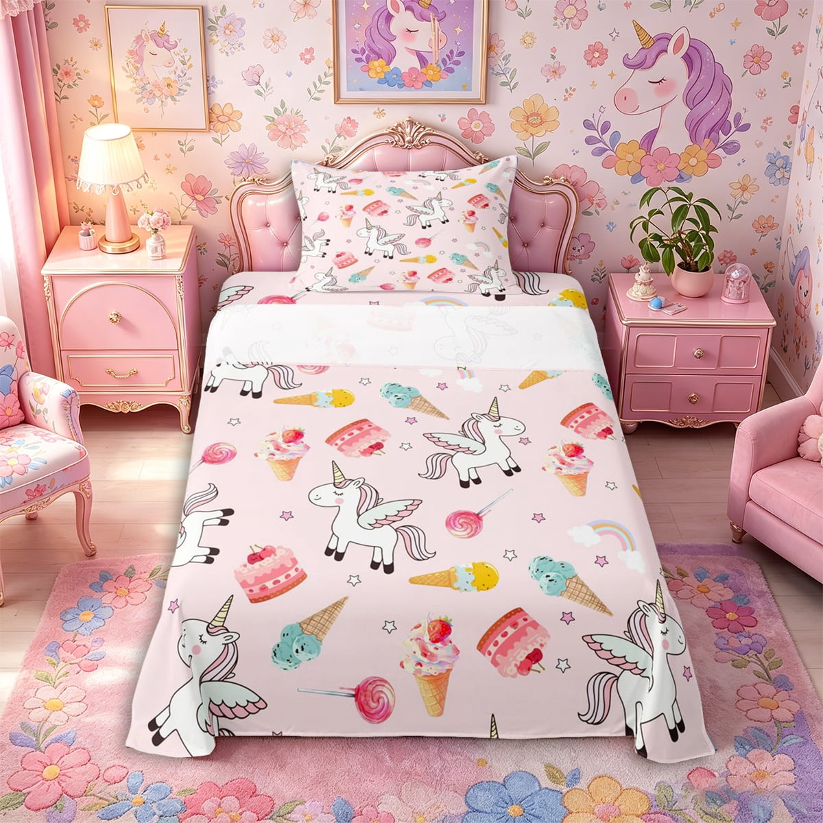 Aikeke Cartoon Unicorn Twin Sheets 3pcs, Ice Cream Dessert Bedding,1 ...