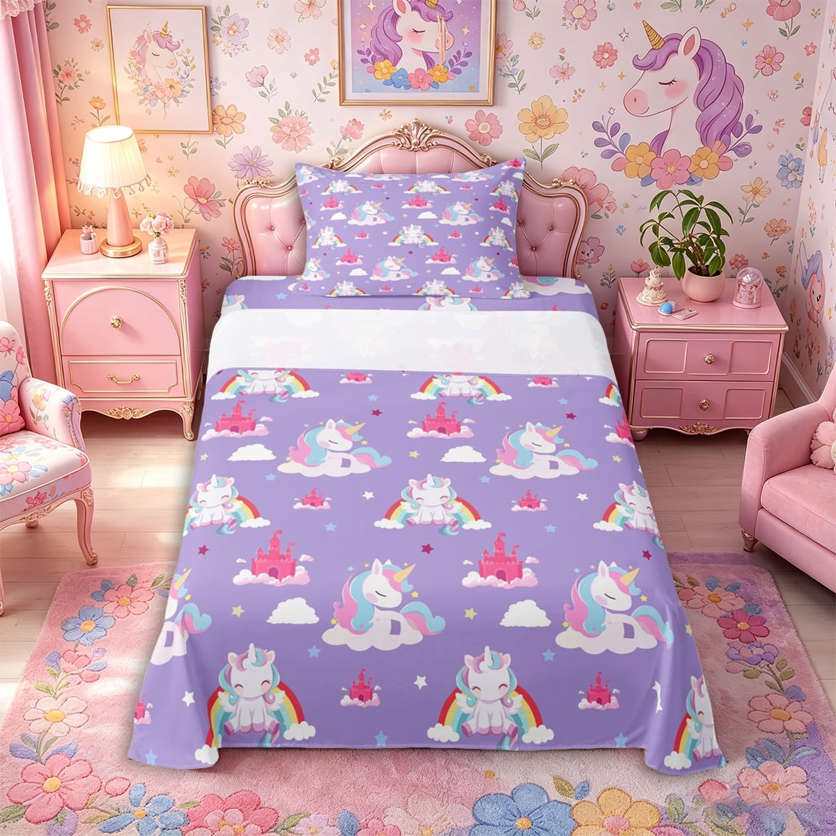 Aikeke Cartoon Unicorn Twin Sheets 3pcs, Princess Castle Rainbow ...