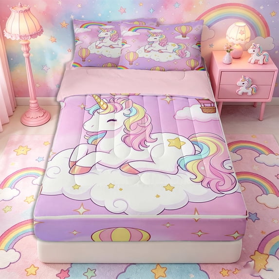Metsweet Cartoon Unicorn Zipper Full Size Comforter Sets with Fitted ...
