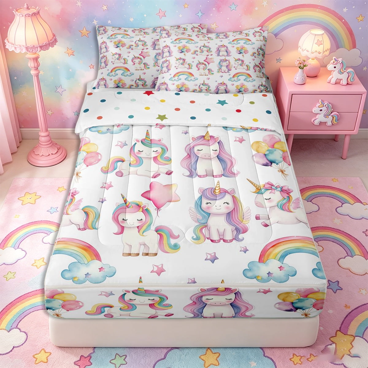 Metsweet Cartoon Unicorn Zipper Twin Comforter Sets with Fitted Sheet ...