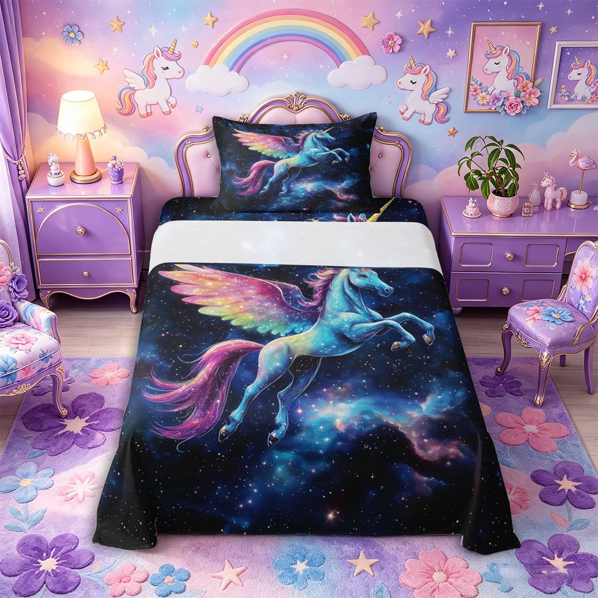 Aikeke Colorful Animal Unicorn Twin Sheets 3pcs, Cosmic Galaxy Bedding ...