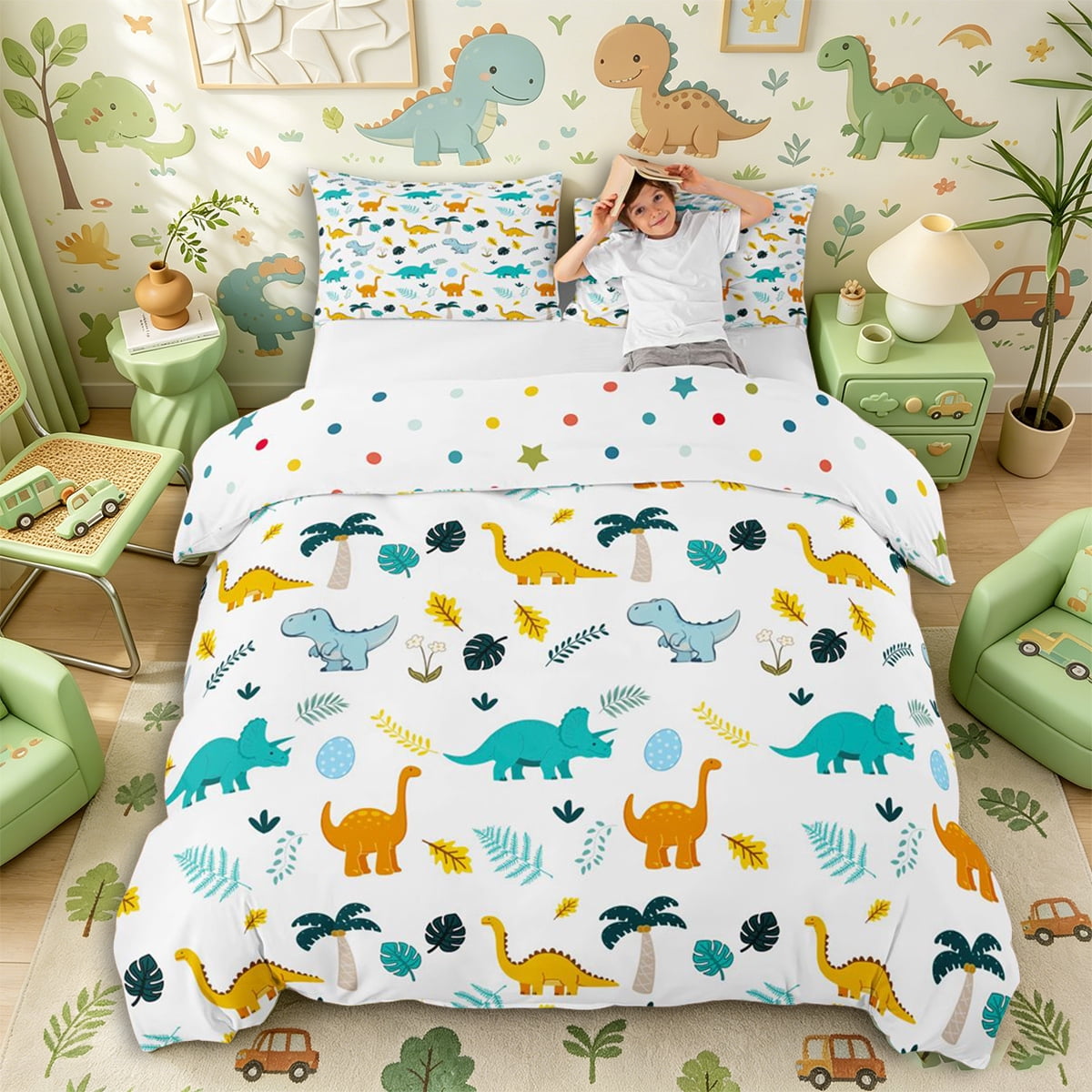 Aikeke Cute Dino Bedding, Tropical Leaves Duvet Cover Full, Teal Yellow ...
