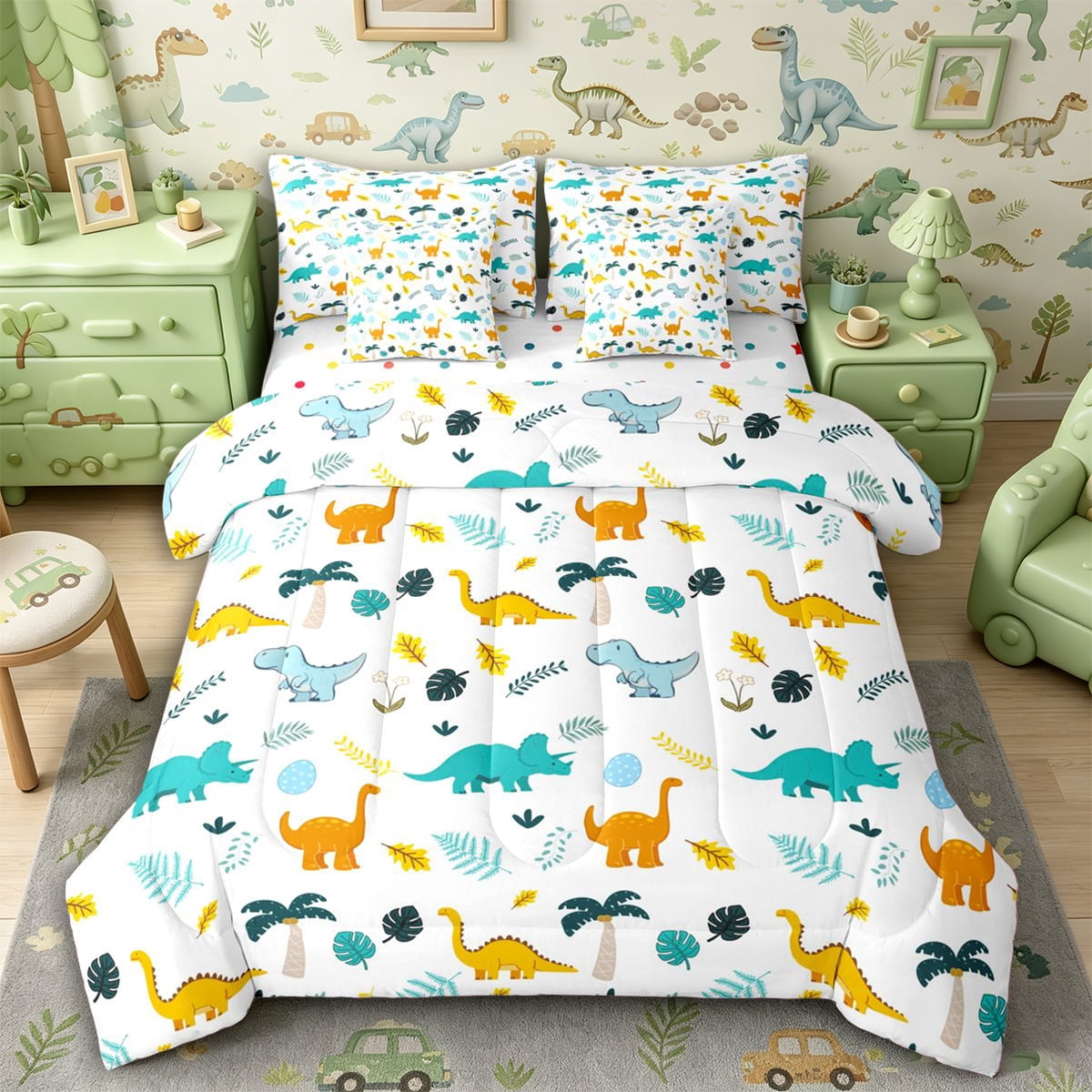 Aikeke Cute Dino Full Size Bedding Sets 7 Pieces, Tropical Leaves Full ...