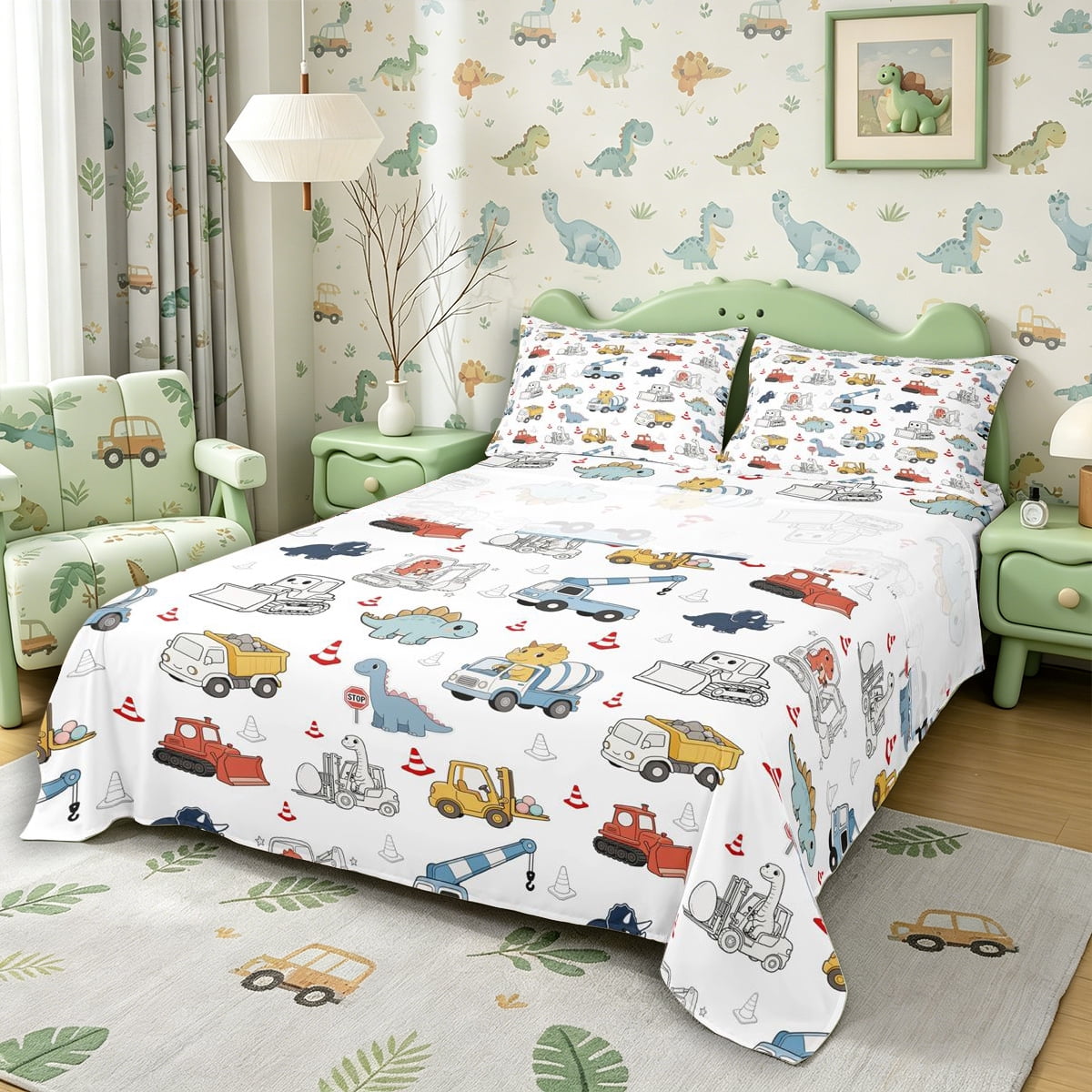 Aikeke Cute Dinosaur Bed Sheets 4-Piece, Cartoon Construction Truck ...