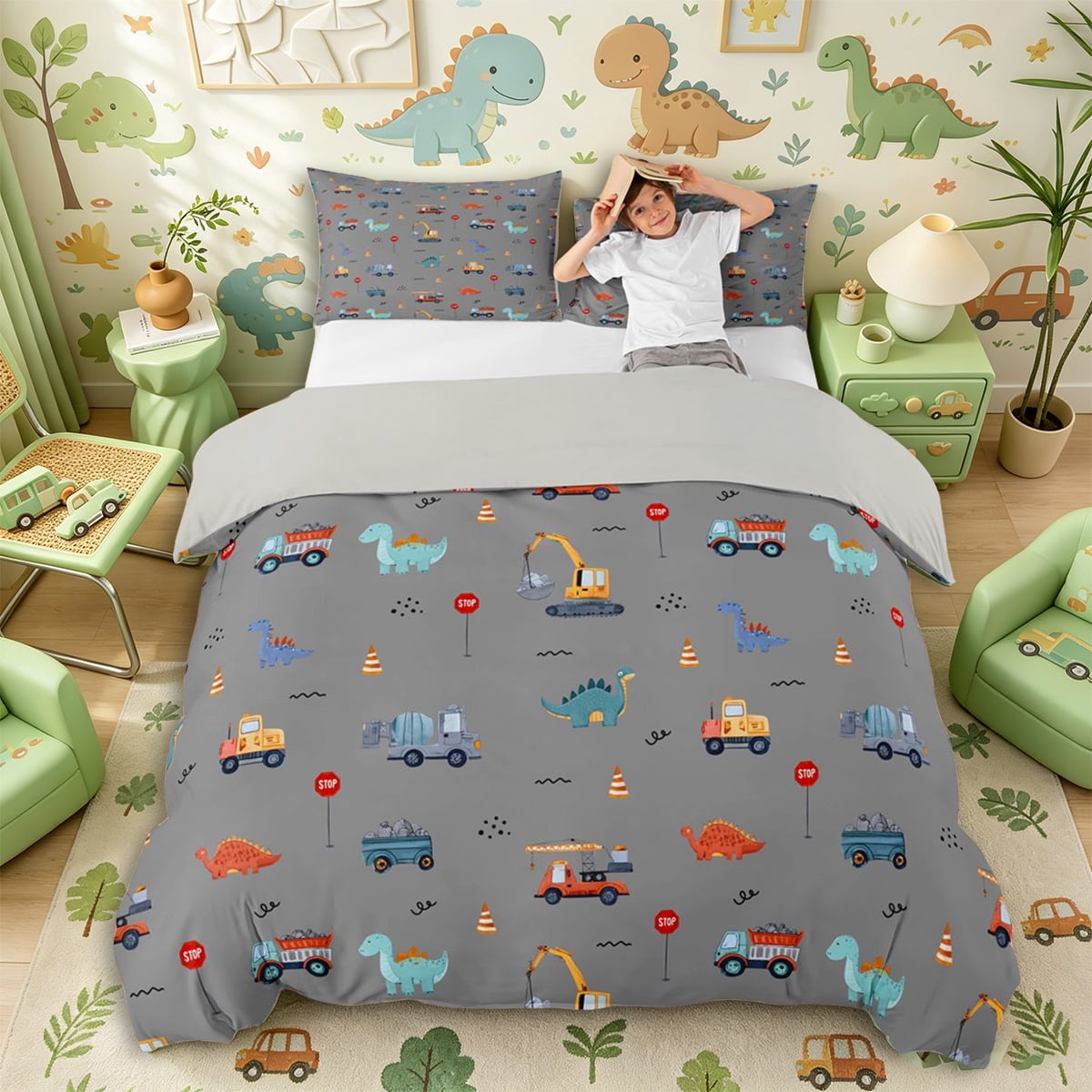 Aikeke Cute Dinosaur Duvet Cover Queen, Cartoon Truck Queen Bedding ...